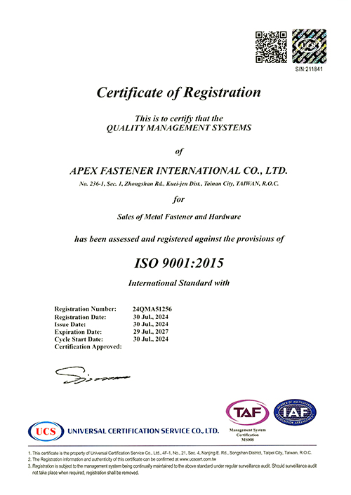 Passed ISO 9001:2015 Certificate - news - APEX FASTENER INTERNATIONAL ...